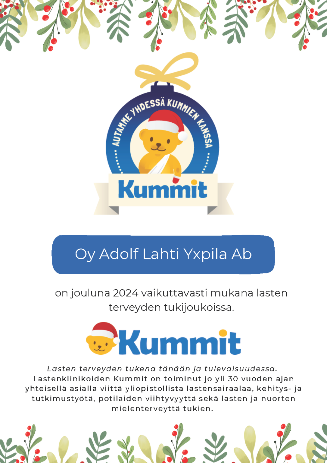 Season Greetings - Oy Adolf Lahti Yxpila Ab